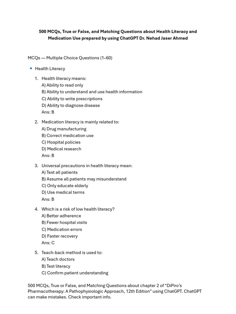 500 MCQs on Health Literacy & Medication Use | PDF | Medical Error ...