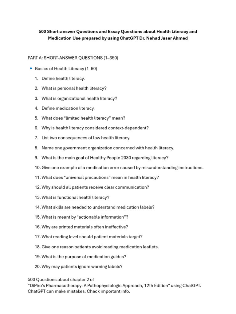 500 Short Questions About Health Literacy and Medication Use | PDF ...