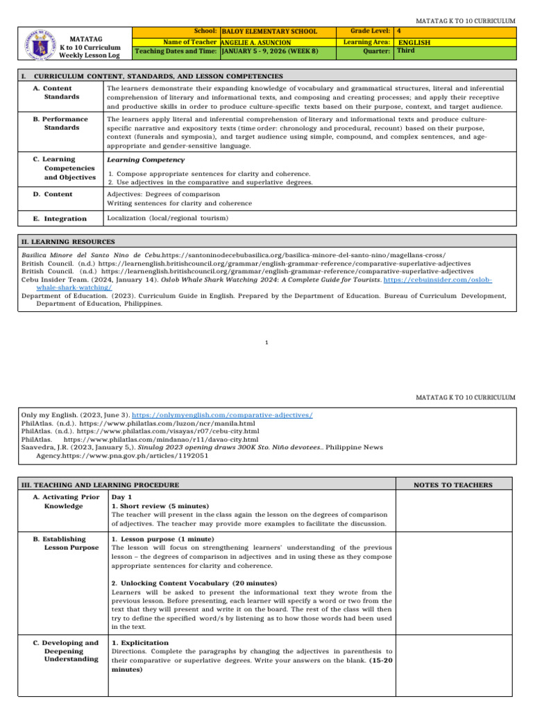 K-10 English Lesson Plan: Adjectives | PDF | Curriculum | Teachers