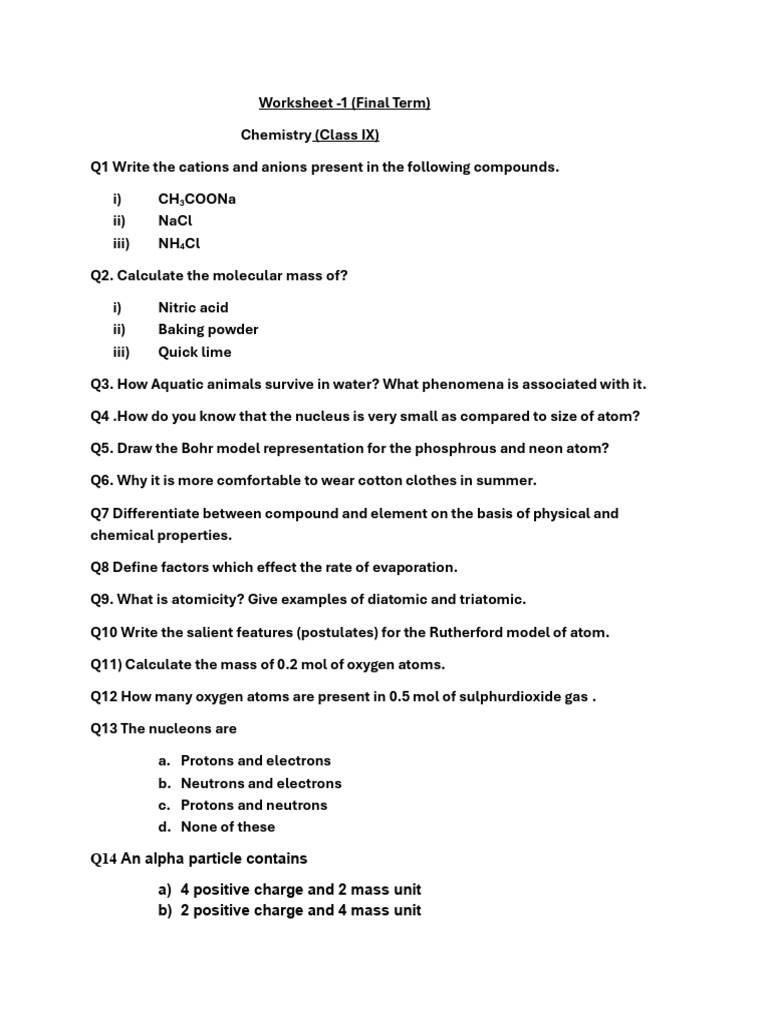 Chemistry Worksheet Class IXth-1 | PDF