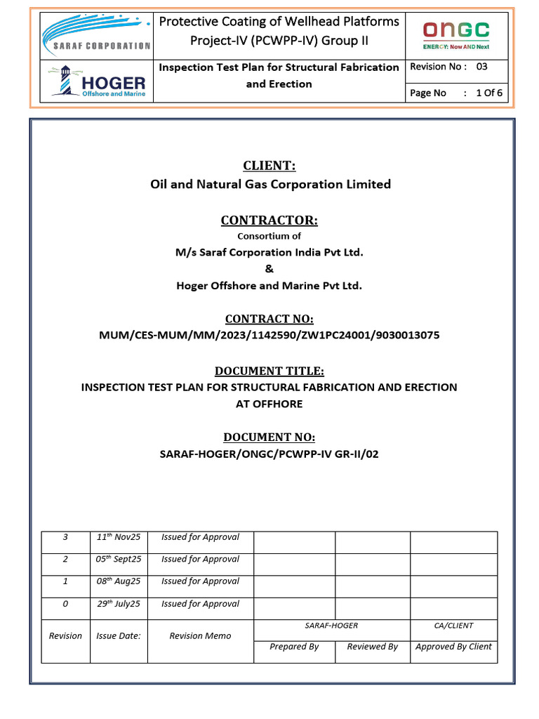 Inspection & Test Plan For Structural Fabrication and Errection | PDF ...