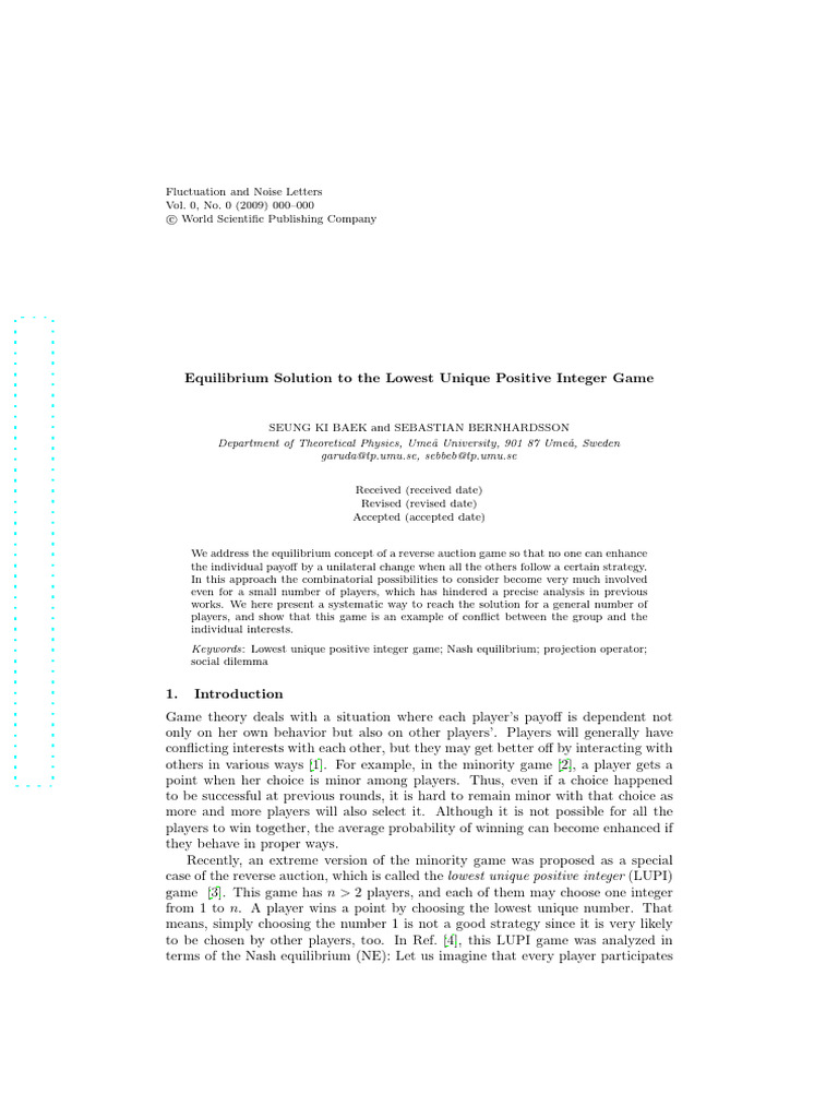 Equilibrium in Lowest Unique Integer Game | PDF | Mathematical Objects ...