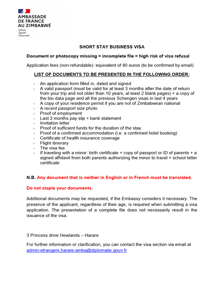 Short Stay Business Visa Requirements | PDF