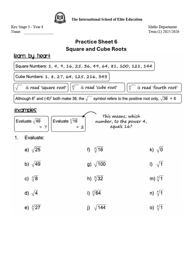 Year 8 Maths: Square & Cube Roots Practice | PDF