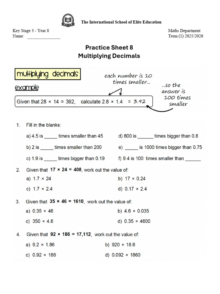 Practice Sheet 8 Multiplying and Dividing Decimals | PDF