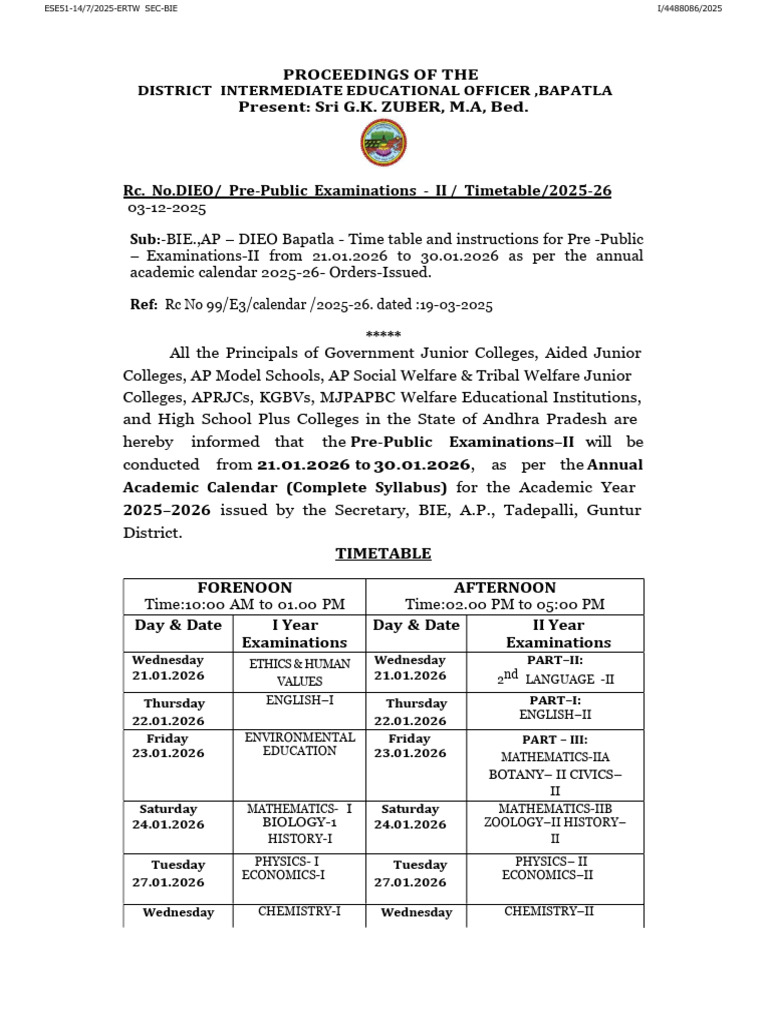 Pre-Public Examinations - II Time Table | PDF