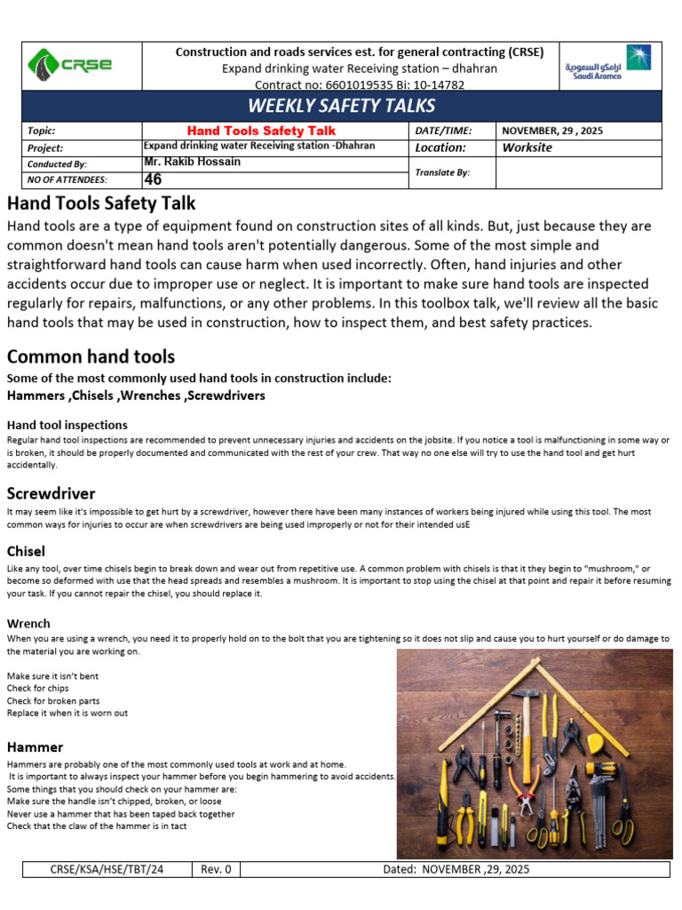 24 Edwd Crse Weekly Safety Talks Hand Tools Safety Talk Safety Talk Wk ...