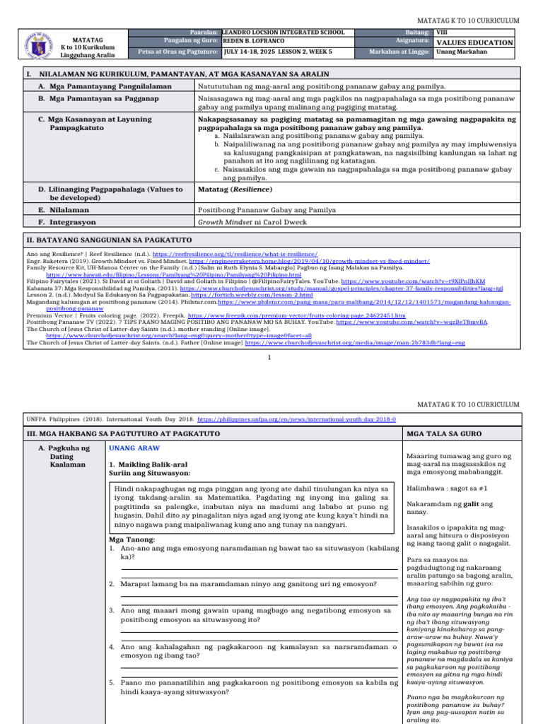 DLL Matatag - Values Education 8 Q1 W2 | PDF