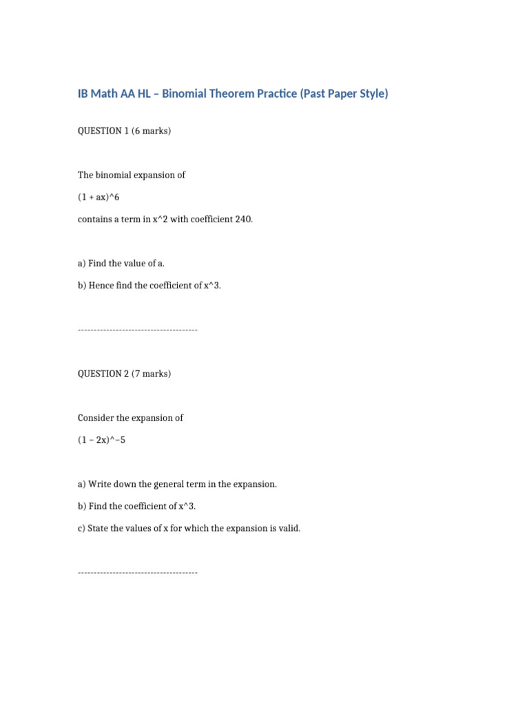 IB Math AA HL Binomial Theorem Past Paper Style | PDF