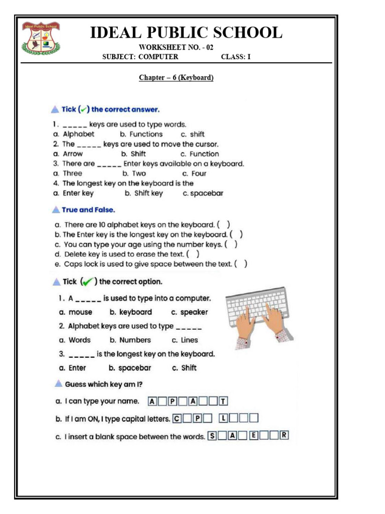 Keyboard Worksheet Cls 1 | PDF