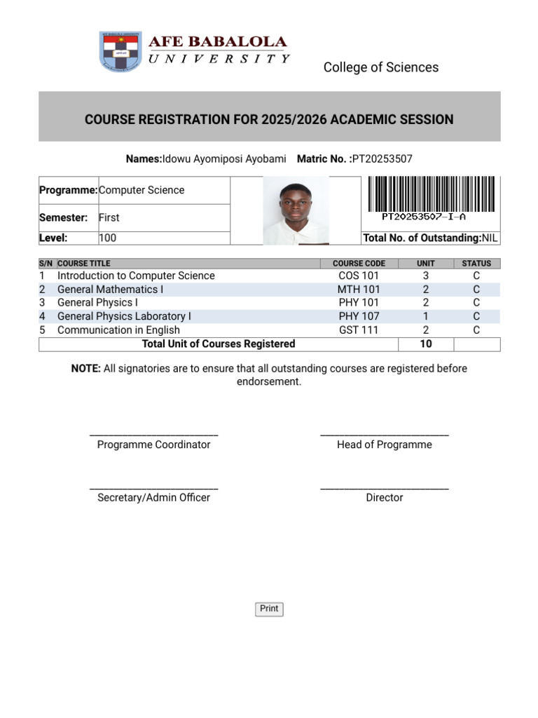2025/2026 Computer Science Course Registration | PDF