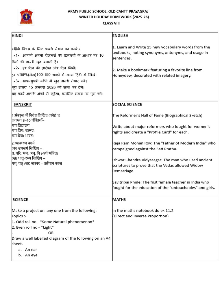 CLASS 8 Winter Break Holiday Homework | PDF