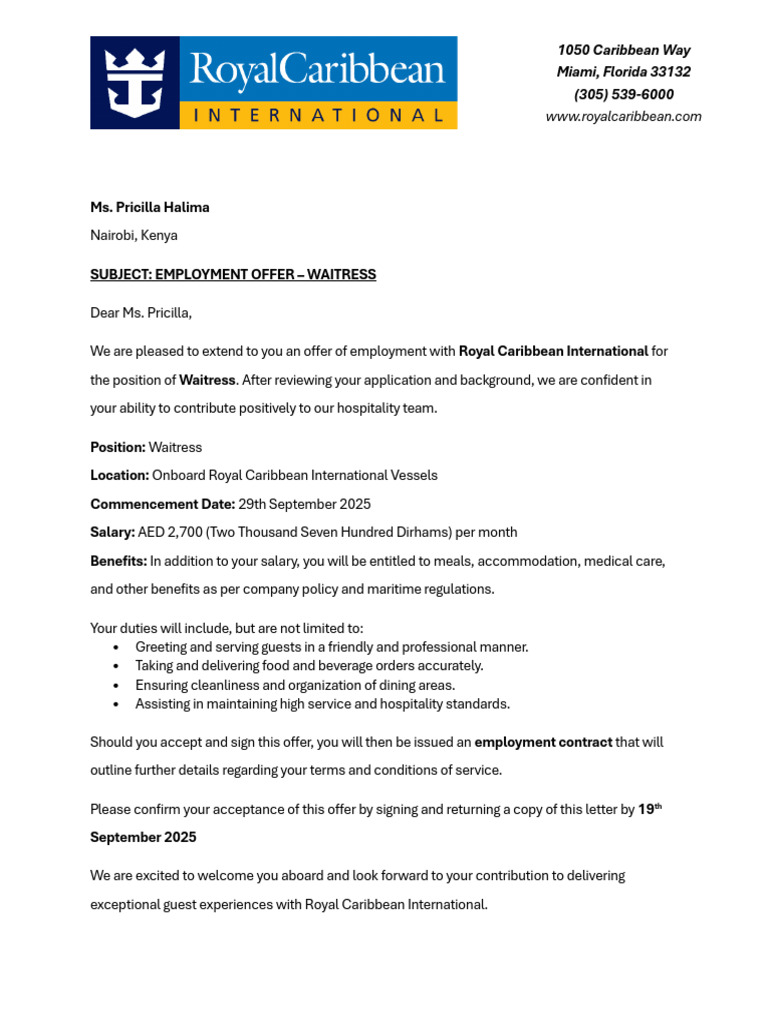 Ms. Pricilla Halima - Offer Letter | PDF