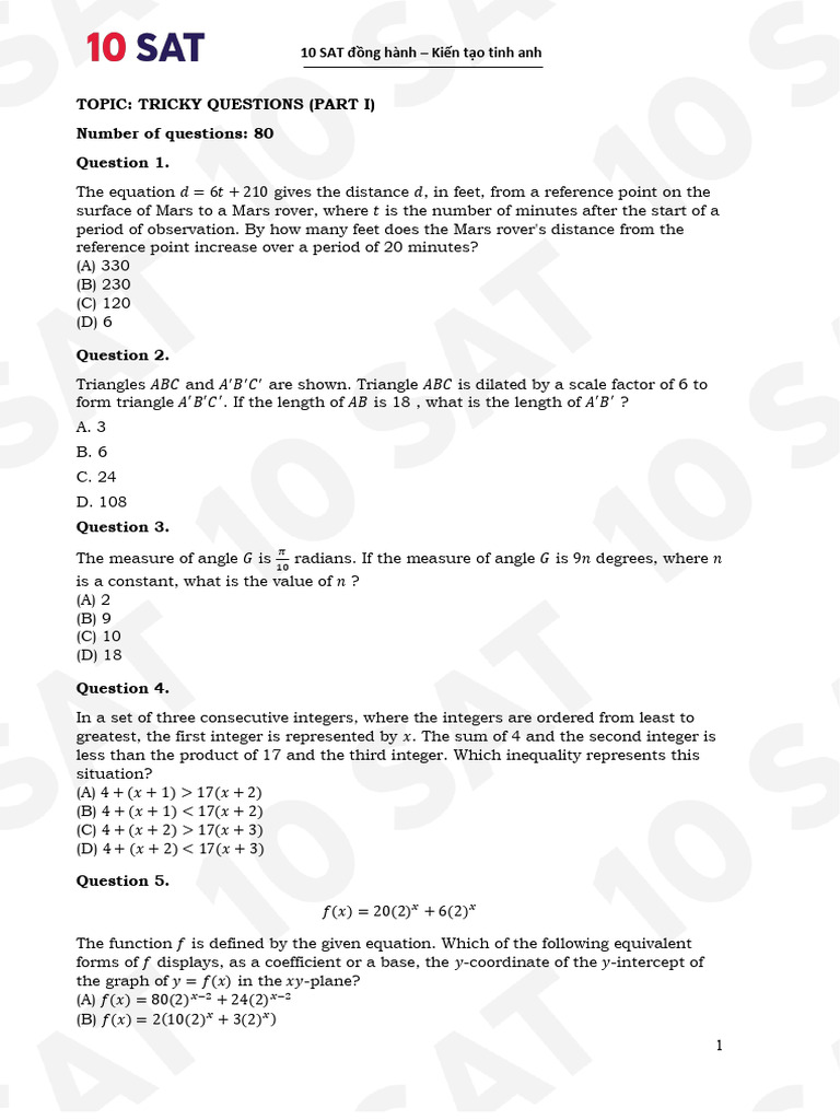 10 Sat - Tricky Sat Math 1225 (80 Questions) Part 1 | PDF | Mole (Unit ...