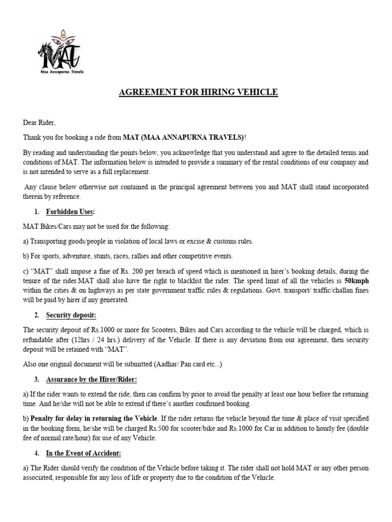 Vehicle Rental Agreement Terms | PDF | Motorcycle | Transport