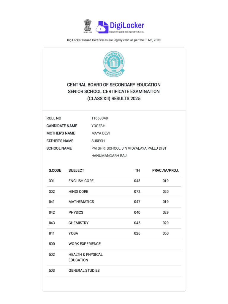 Class XII Results 2025 - DigiLocker Certificate | PDF