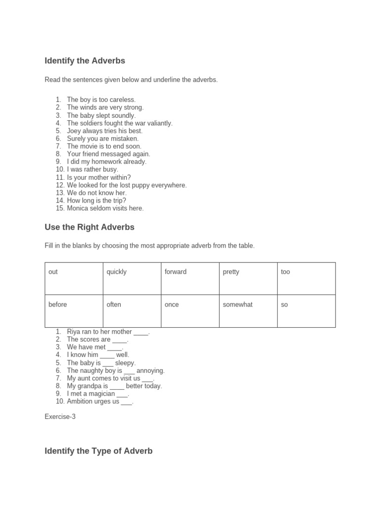 Adverb Identification and Usage Exercises | PDF
