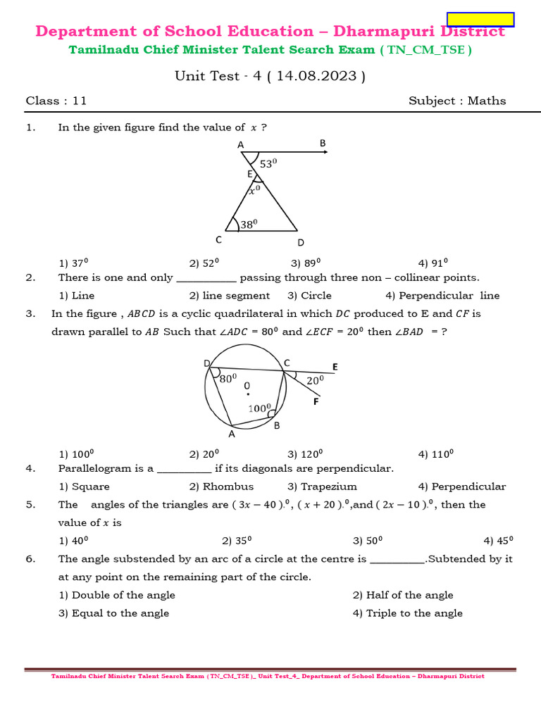 TN CMTSE_Unit Test 4_ Question Paper EM | PDF