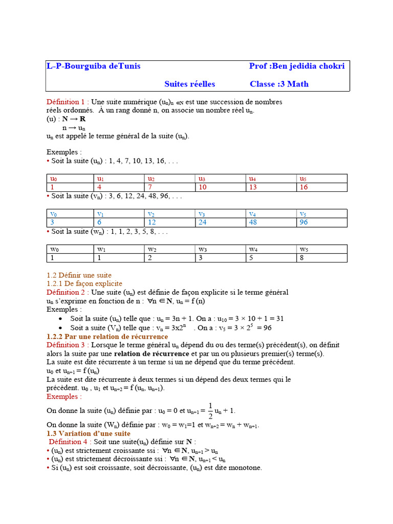 Définitions et Propriétés des Suites Numériques | PDF | Séquence ...
