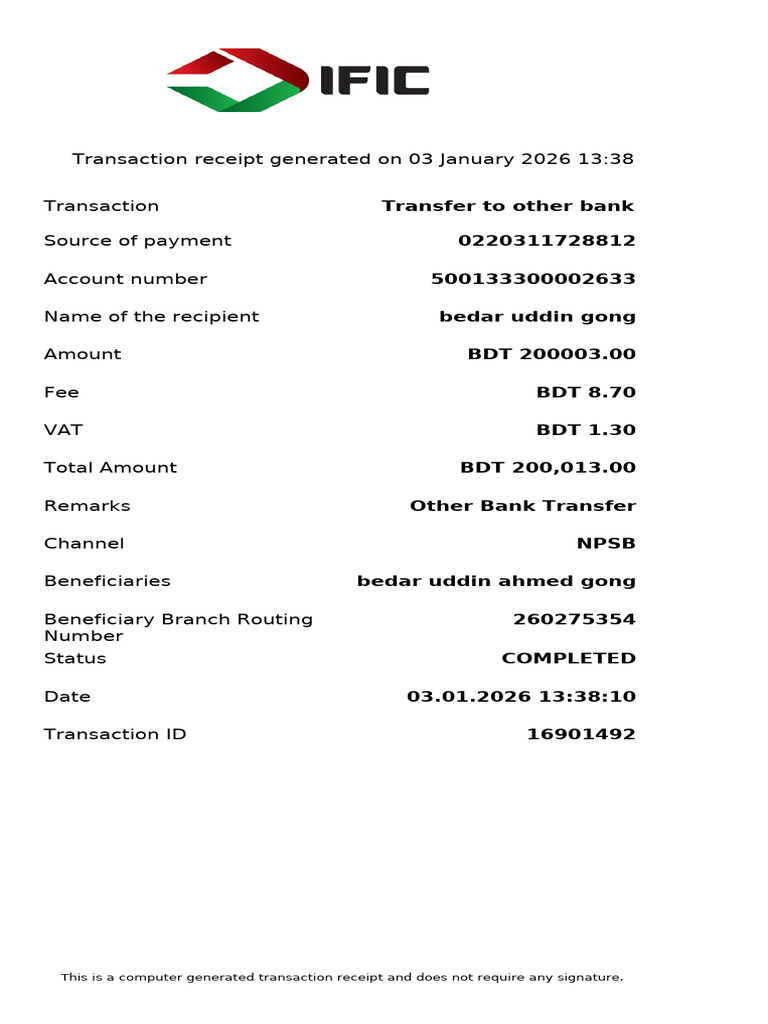 Bank Transfer Receipt - 03 Jan 2026 | PDF