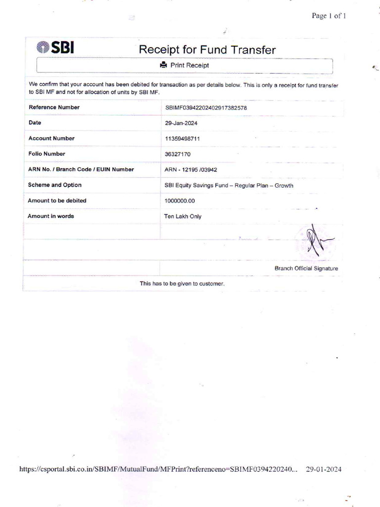 Receipt for Fund Transfer | PDF