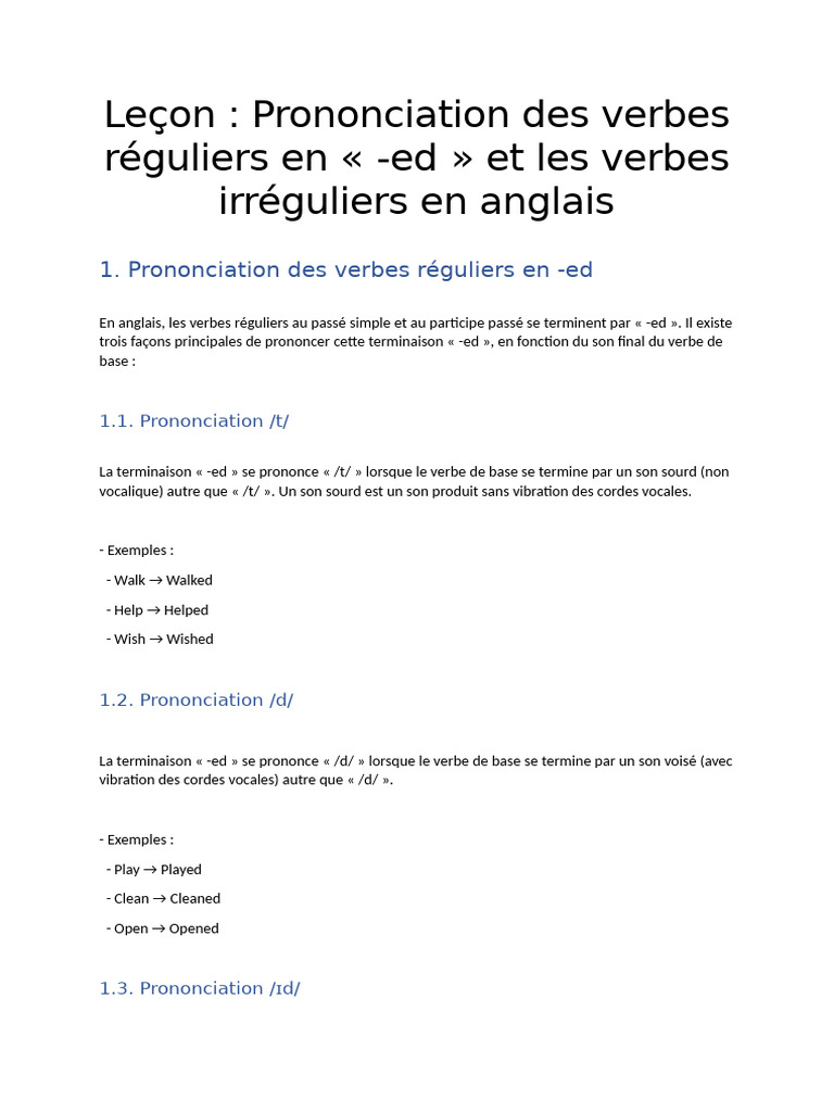 Prononciation des verbes anglais « -ed » | PDF