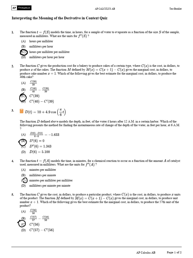 Derivative Context Quiz for AP Calculus | PDF