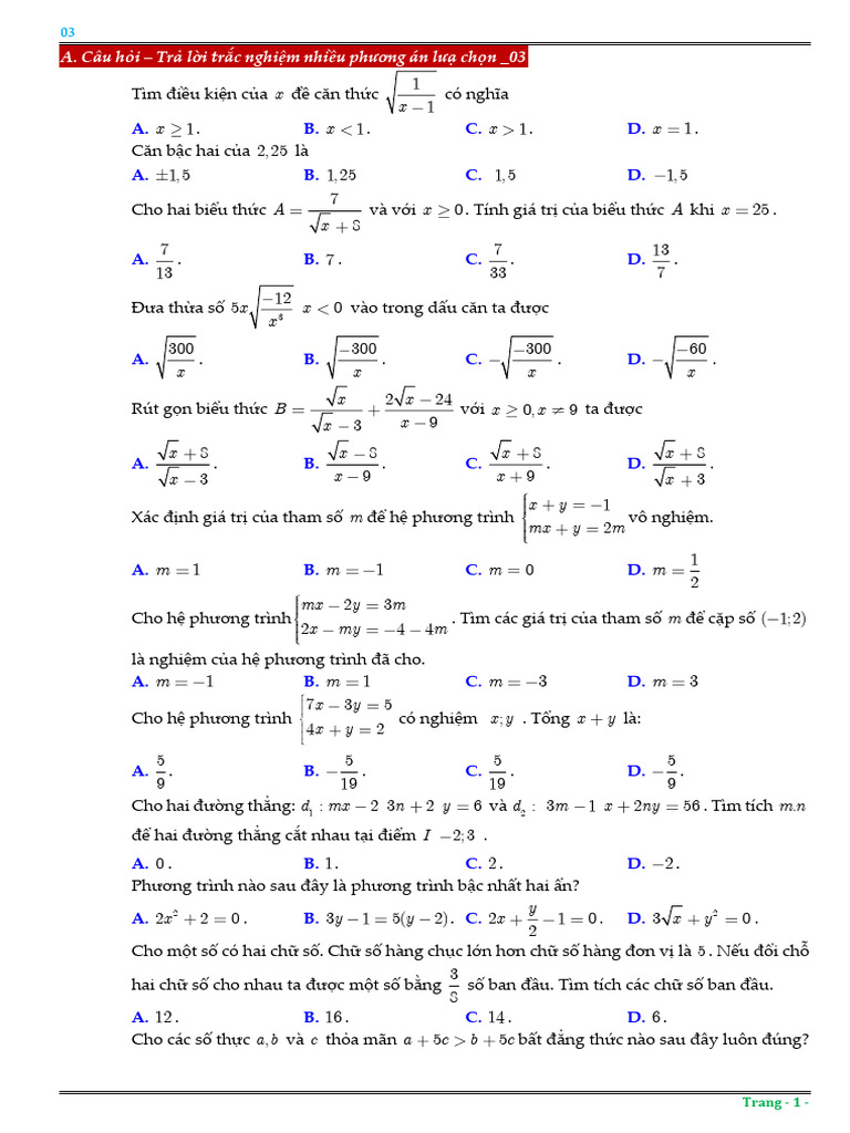 20 - DE ON CUOI HKI - TOAN 9 - SO 03 | PDF