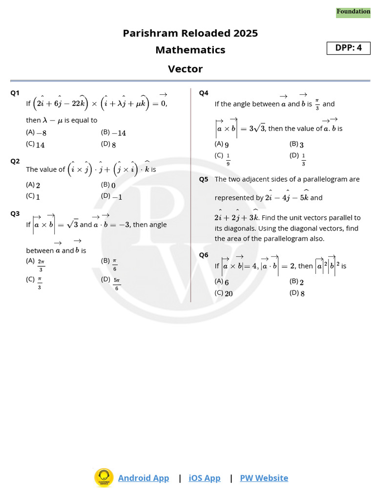 Vector - DPP 04 - Parishram Reloaded 2025 | PDF | Euclidean Geometry ...
