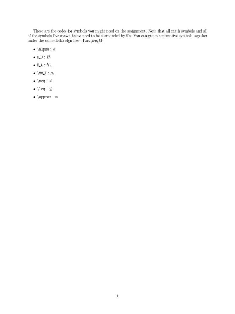Math Symbols For Hypothesis Test | PDF