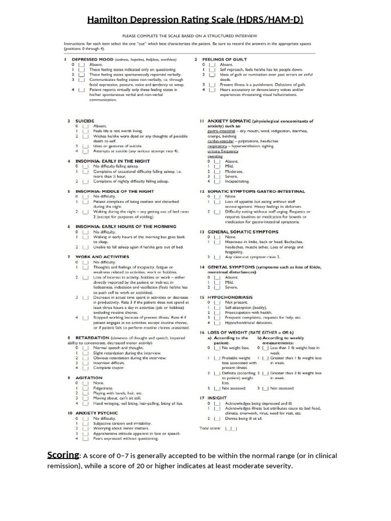Hamilton Depression Rating Scale | PDF