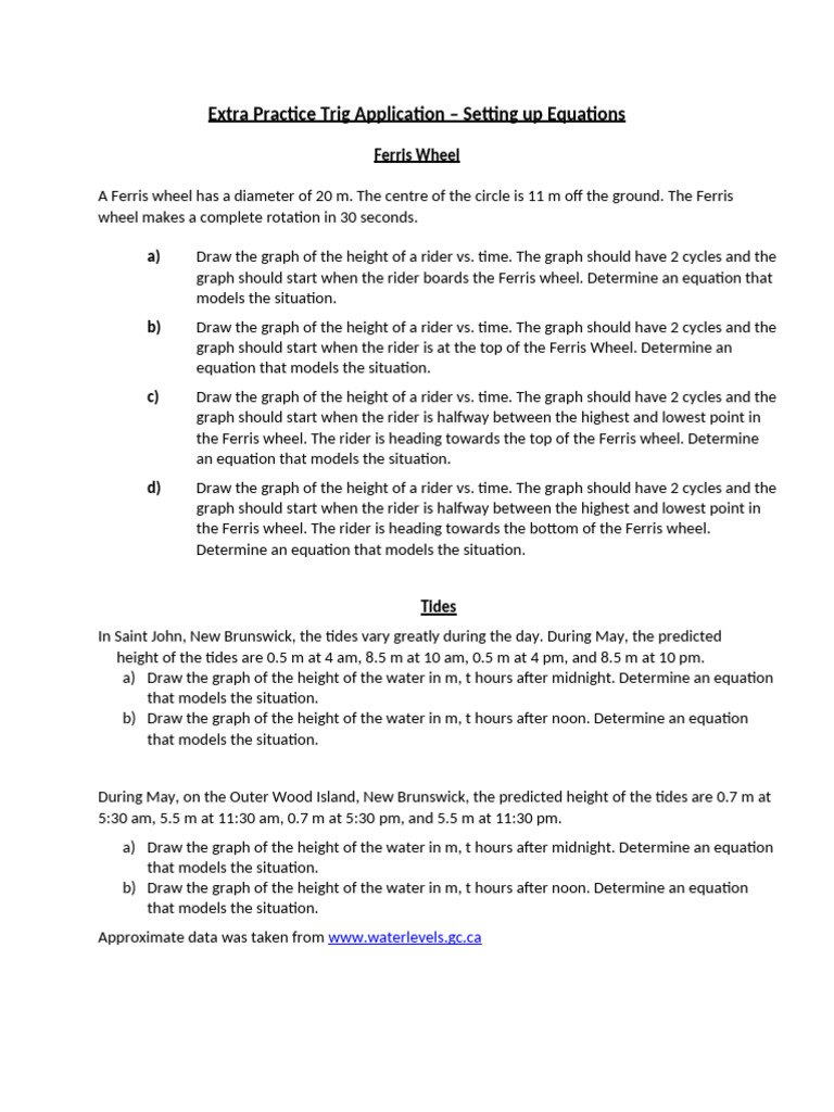Extra Practice Trig Application Set Up Equations1 | PDF | Tide | Pendulum