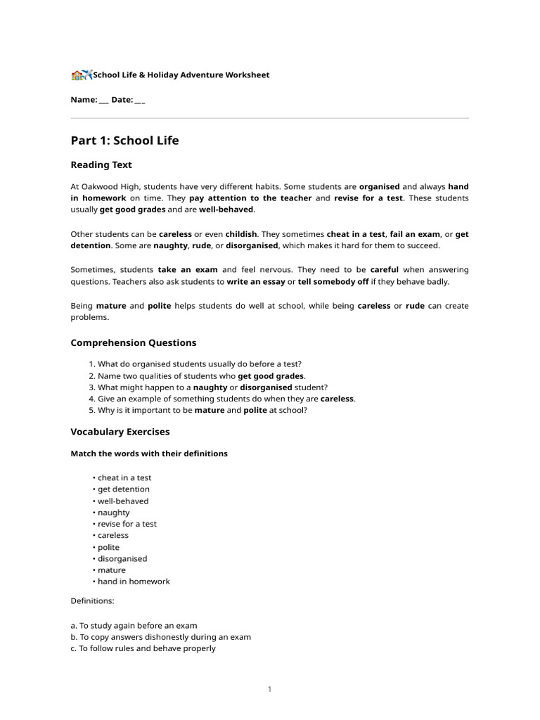 School Travel Worksheet | PDF | Tourism | Resort