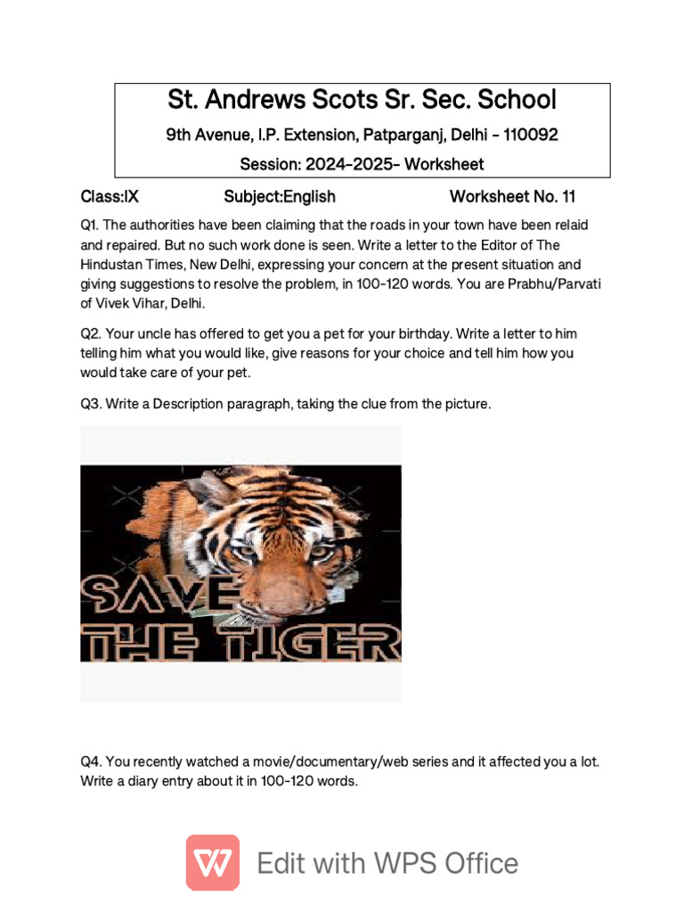 Class IX English Worksheet 2024-2025 | PDF