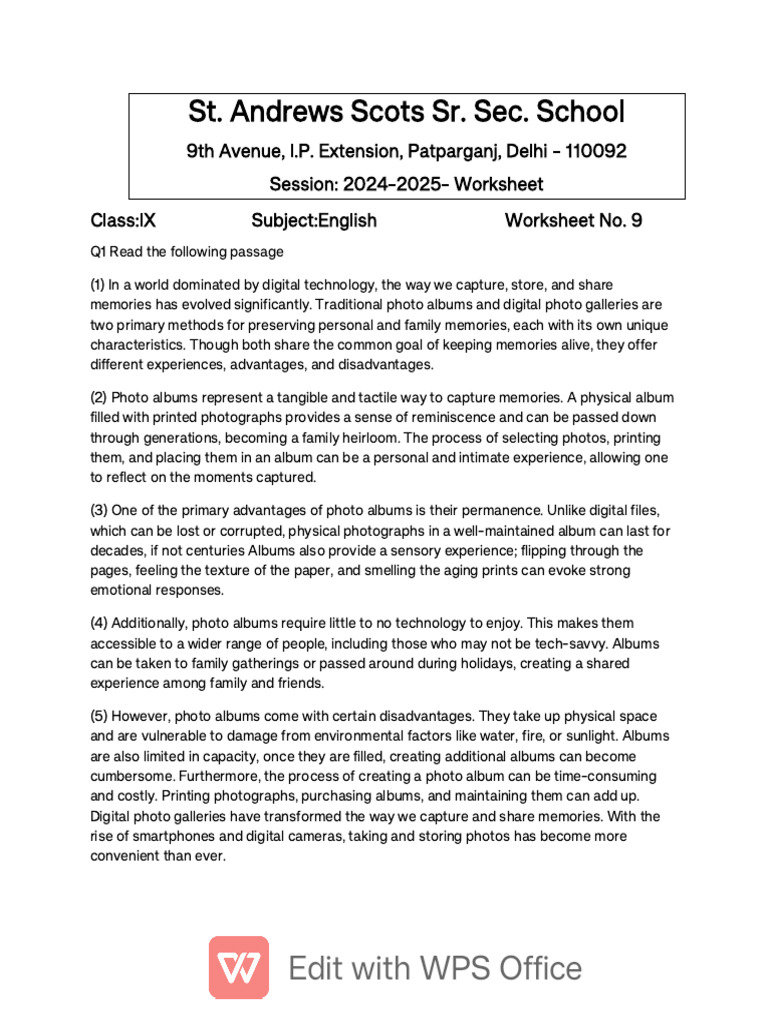 Class IX, English Worksheet - 9 | PDF | Digital Photography | Photograph