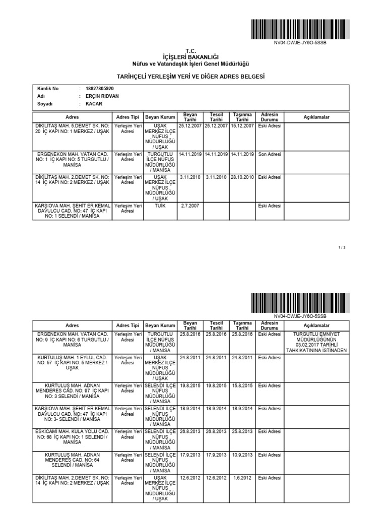 Nvi Tarihceli Yerlesim Yeri Ve Diger Adres Belgesi Sorgulama | PDF