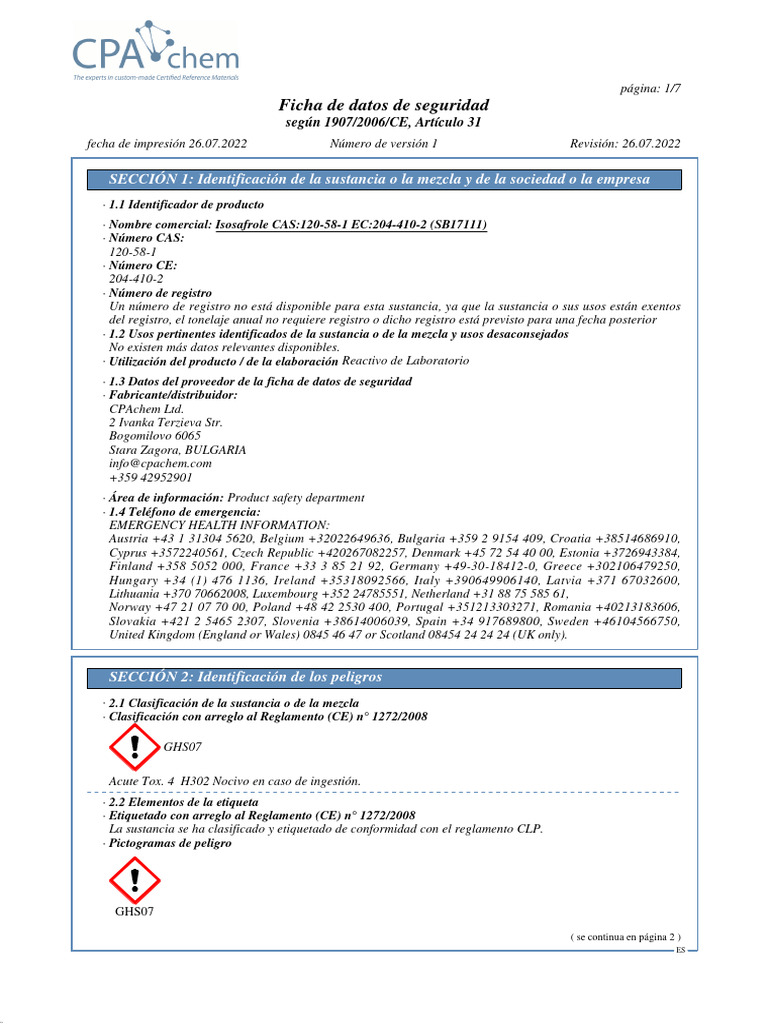 sd_-_Isosafrole_CAS_120-58-1_EC_204-410-2_(SB17111)_(ES) | PDF | Agua ...