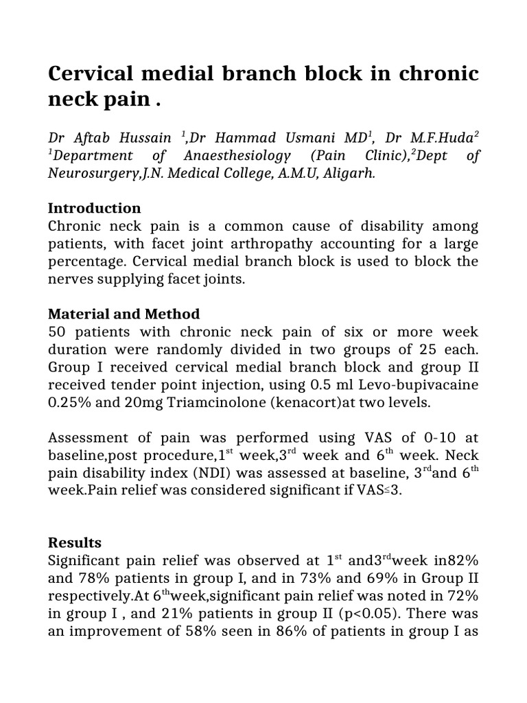Comparison of Cervical Medial Branch Block and Tender Point Injection ...