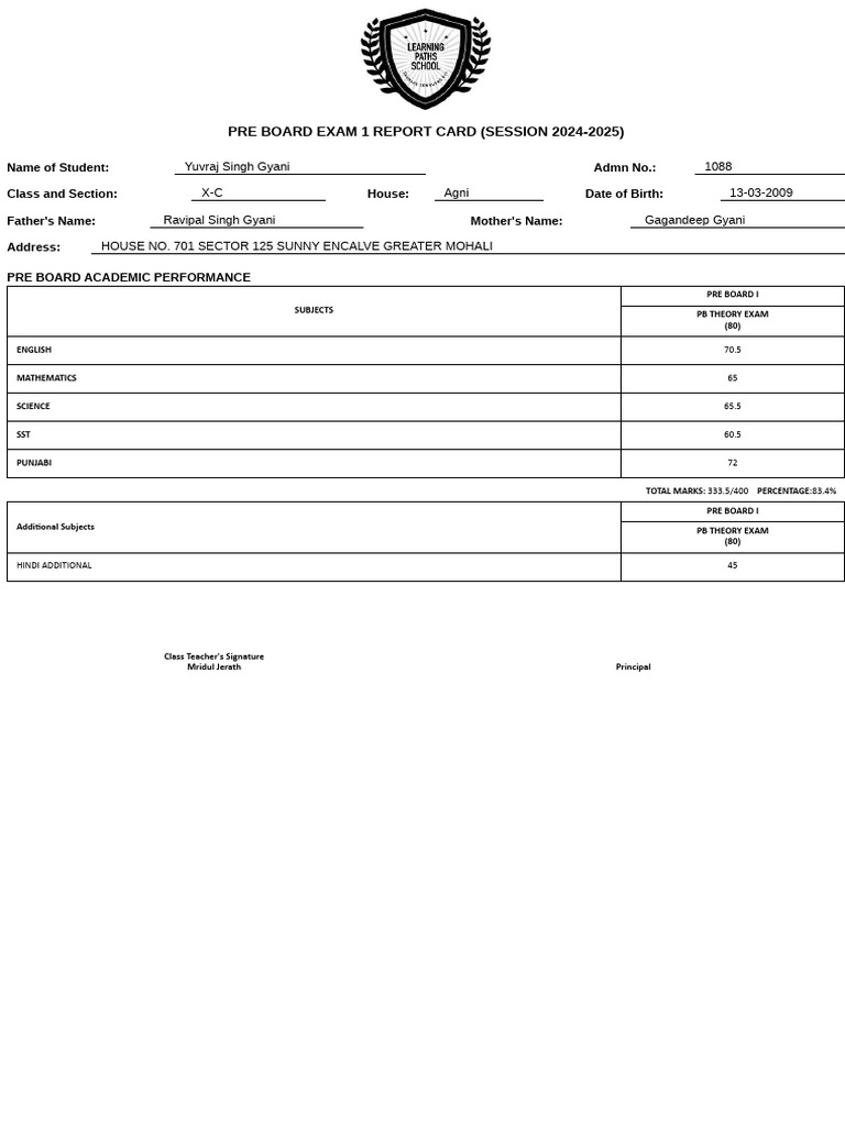 Pre Board Exam 1 Report Card 2024-2025 | PDF