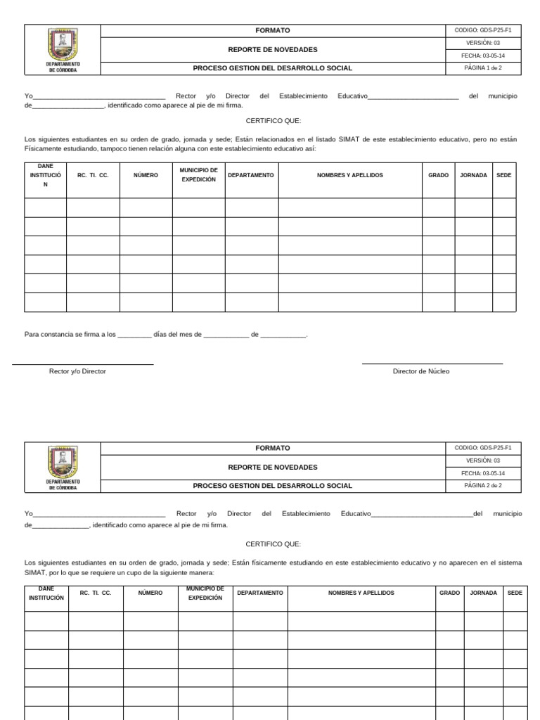 Formato de Novedades SIMAT 31-10-2025 | PDF | Informática