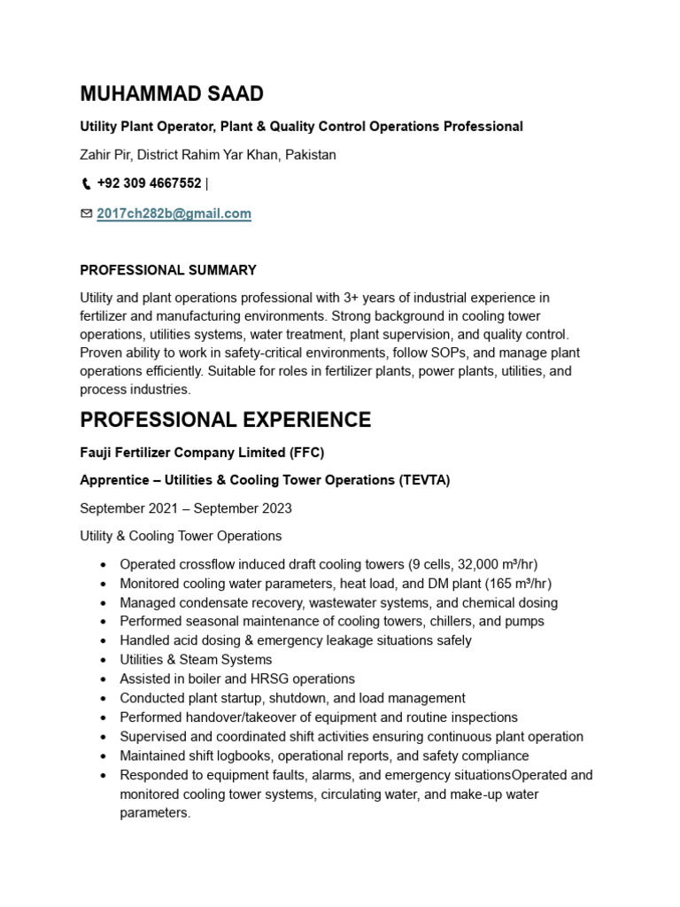 Utility Plant Operator Resume | PDF | Boiler | Energy Technology