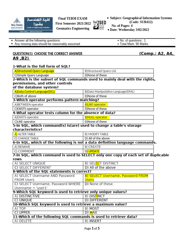 Final Model Answer Gis4-20212022 | PDF | Table (Database) | Information ...