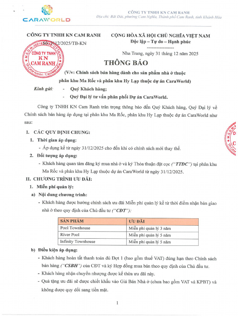 Thông Báo Đl&Kh_csbh Ban Hành 31.12.2025_phân Khu Sông Town_dự Án Caraworld | PDF