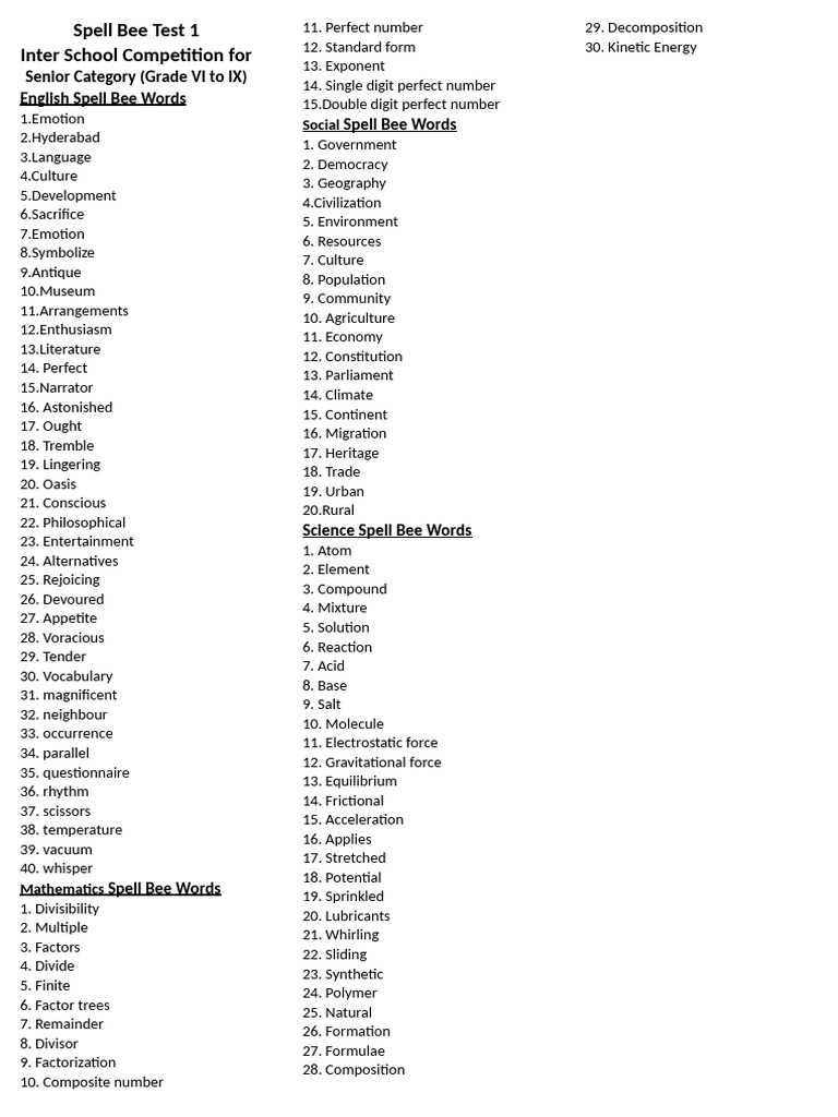 Spell Bee Test 1 Academic Year 2025 - 2026 | PDF | Force | Physical ...