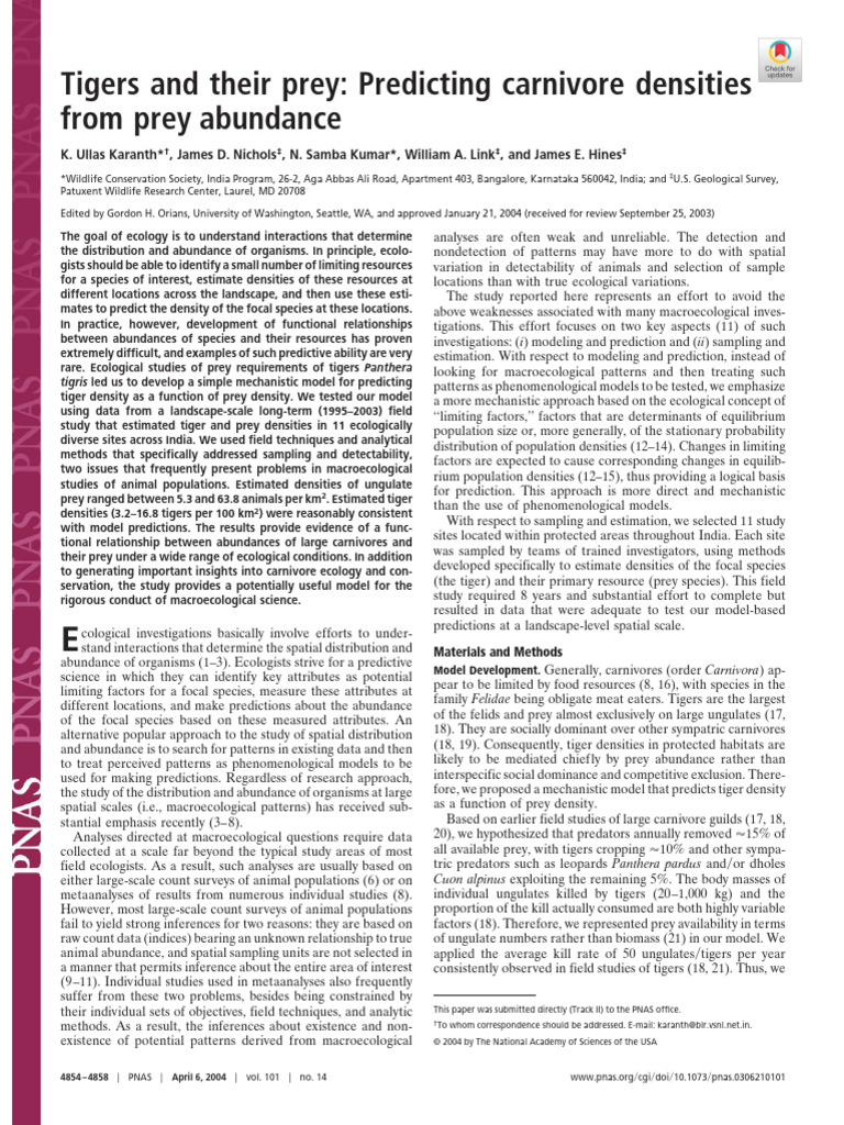 Karanth Et Al 2004 Tigers and Their Prey Predicting Carnivore Densities ...
