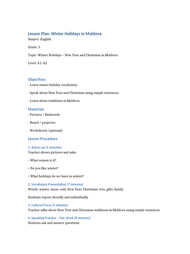 Winter Holidays Lesson Plan for 5th Grade | PDF