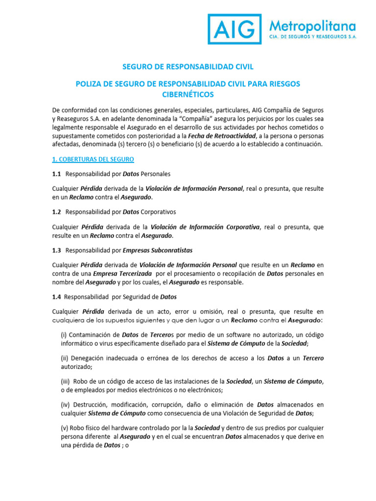 Poliza de Seguroderesponsabilidad Civilpara Riesgos Ciberneticos | PDF ...