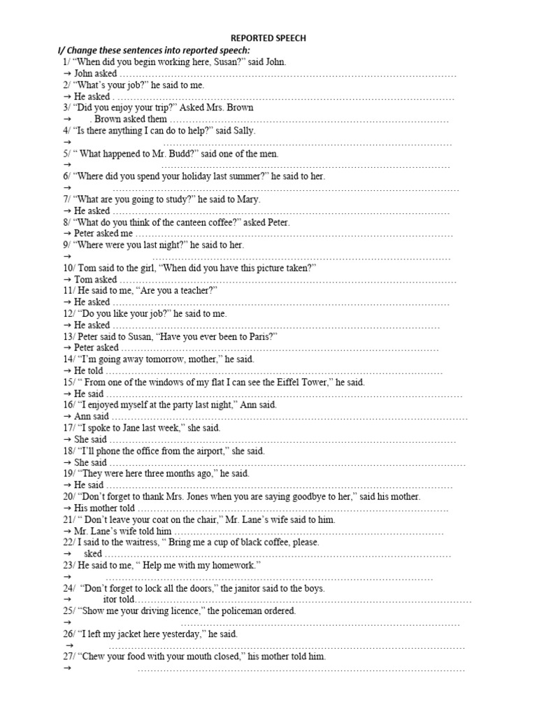 Tuan 56 Av 12 Exercises on Reported Speech 3102021181838 | PDF