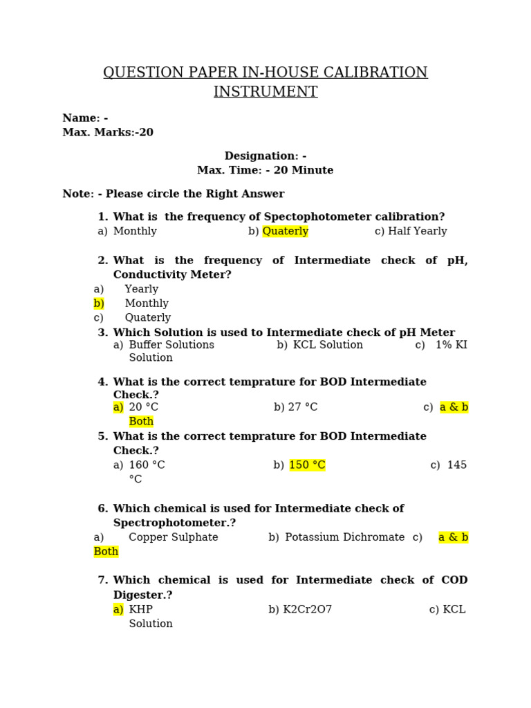Questions Paper in House Calibration | PDF