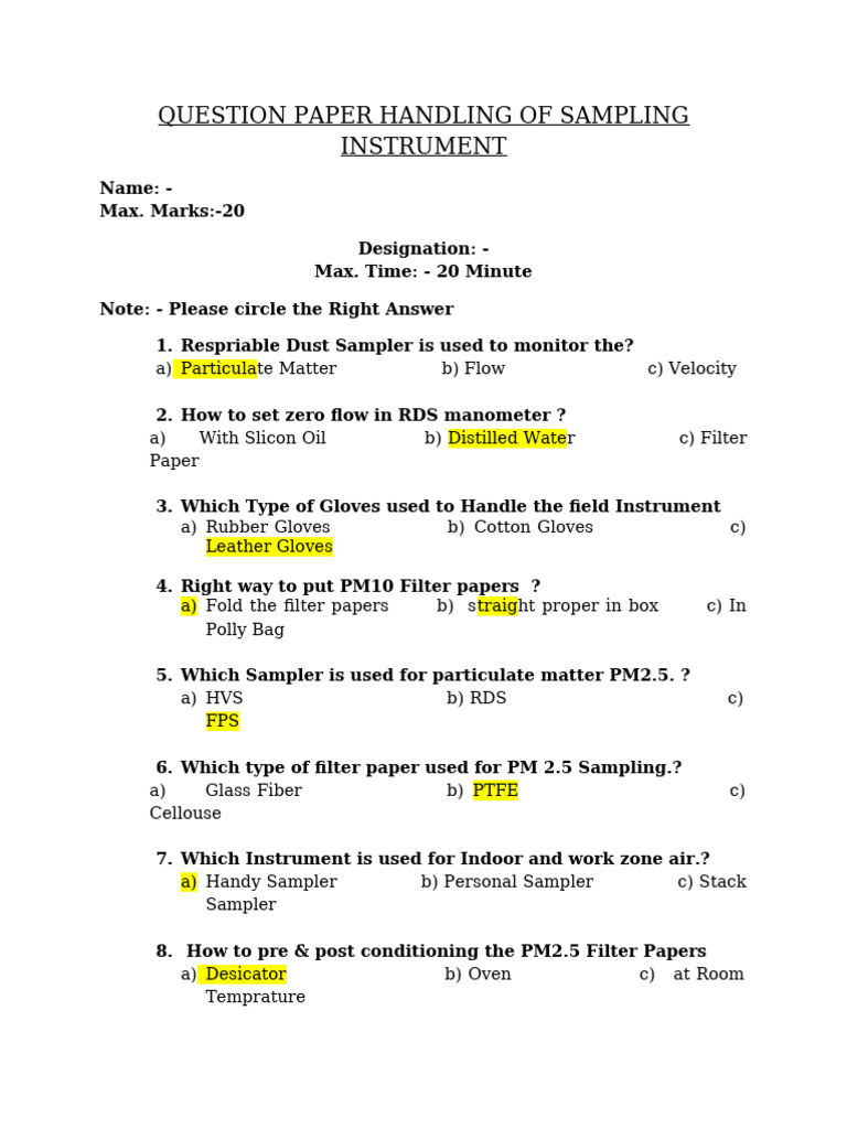 Sampling Instrument Handling Quiz | PDF
